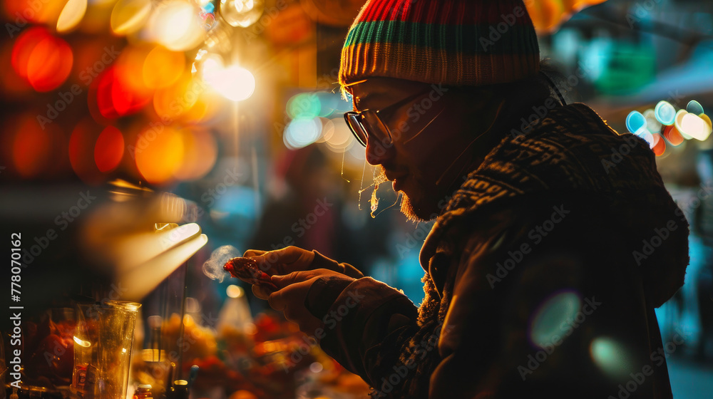Street vendor captured in a distorted perspective, creating an optical ...