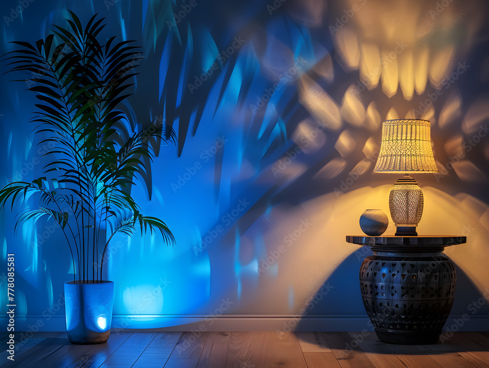 Background wall with blue lights shining on the wall and a table lamp ...