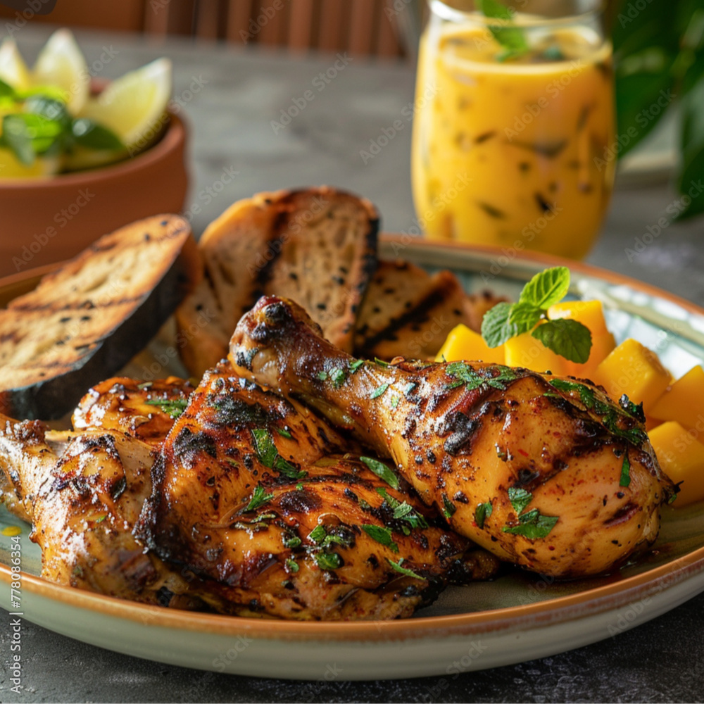 grilled peri peri half chicken with garlic bread served in a plate with ...