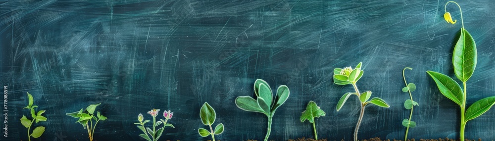 A chalkboard with a simple plant drawing evolving into a complex ...