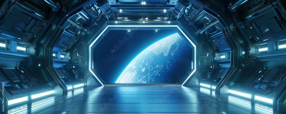 spaceship interior with blue lighting and a rectangle window that shows ...