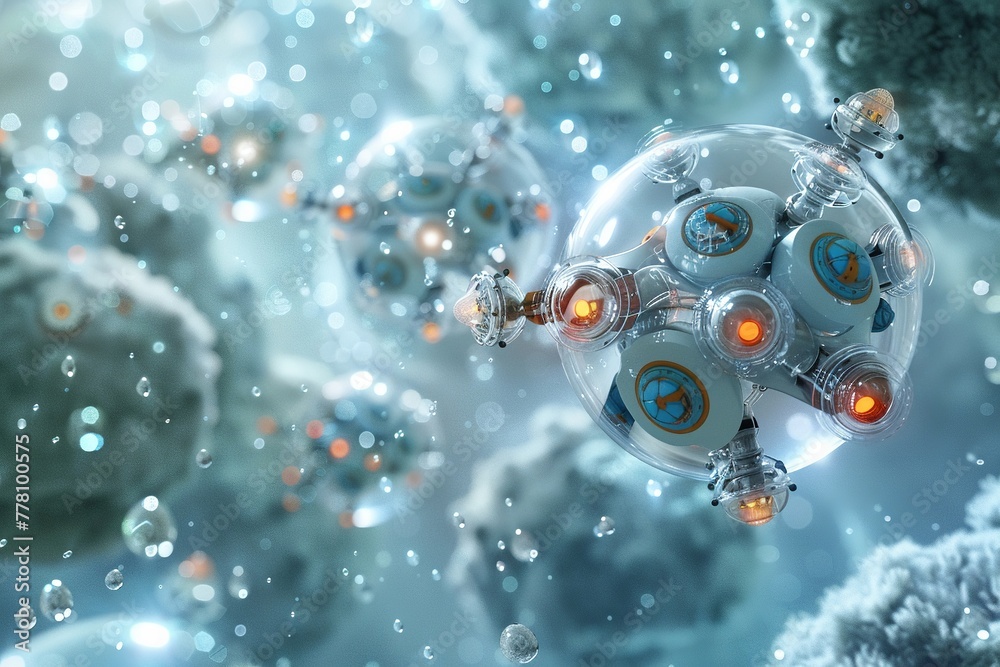 Nanorobots depicted in the process of cleaning up various environmental ...