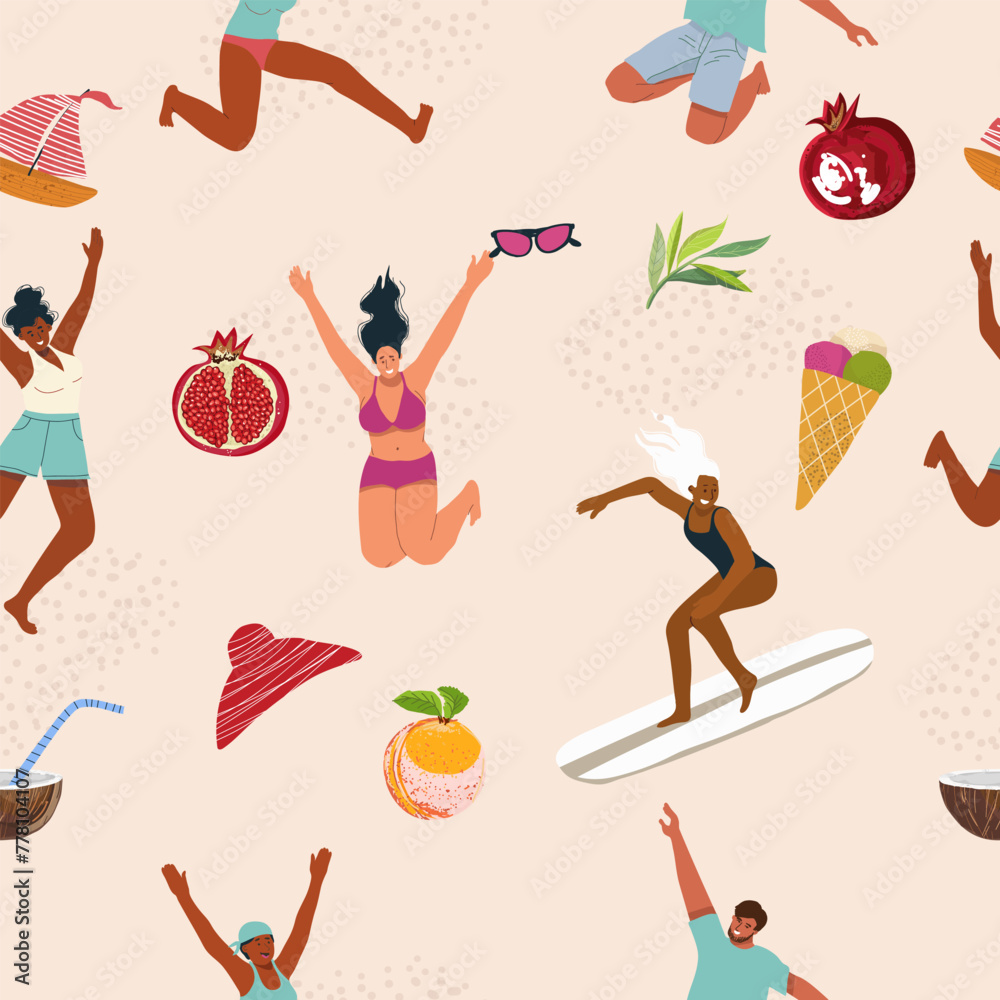 Happy jumping people in swimsuits, seamless pattern. Endless summer ...