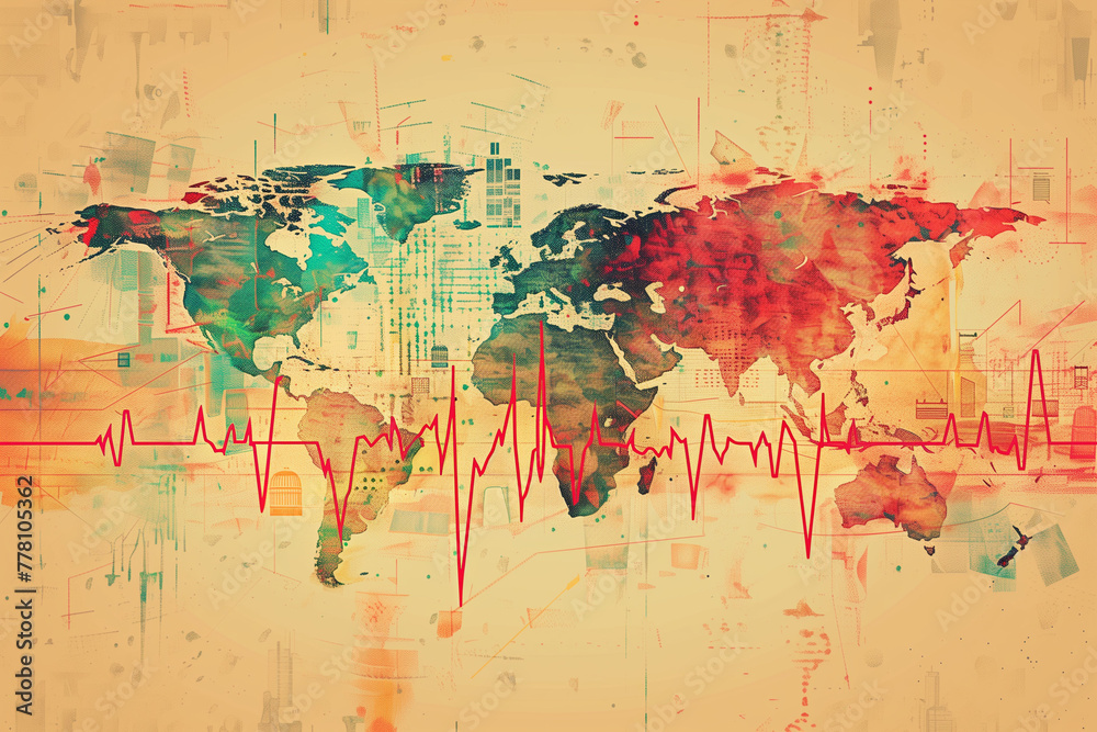 Global Heartbeat. An illustration of a Red pulse line on world map with ...