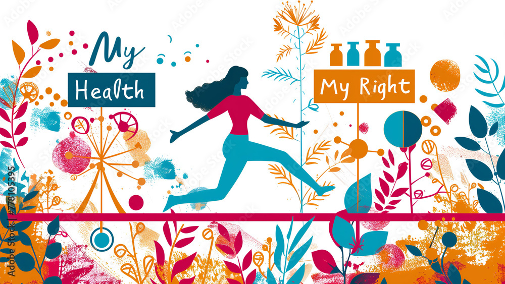 Balancing for Health Equity.A person conquers a colorful beam balancing ...