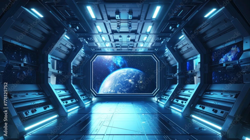 spaceship interior with blue lighting and a rectangle window that shows ...