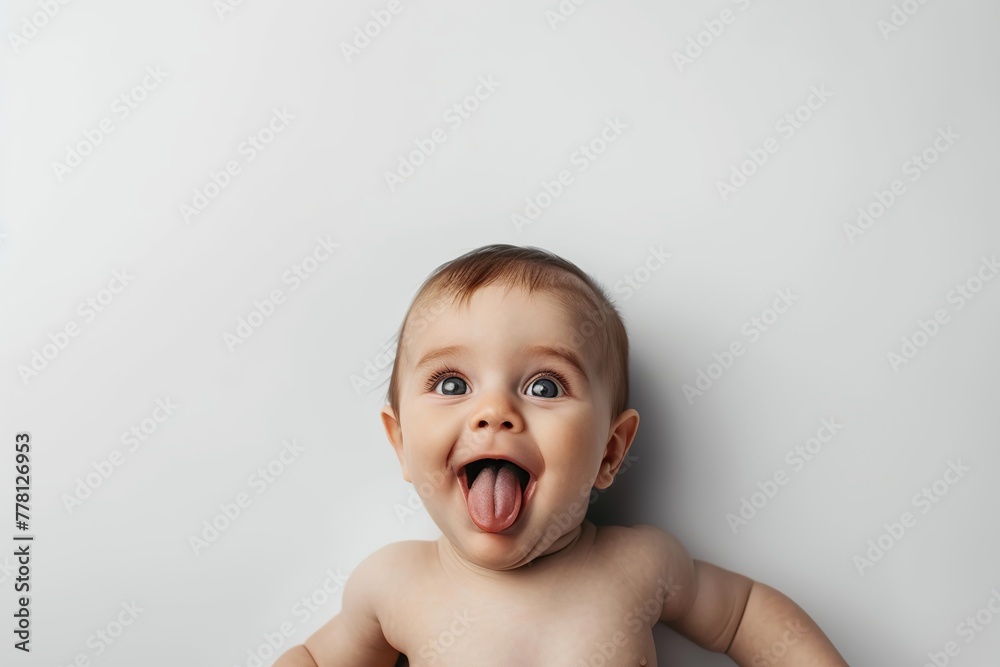 Cute and playful portrait of happy 1 years old child playing on white ...