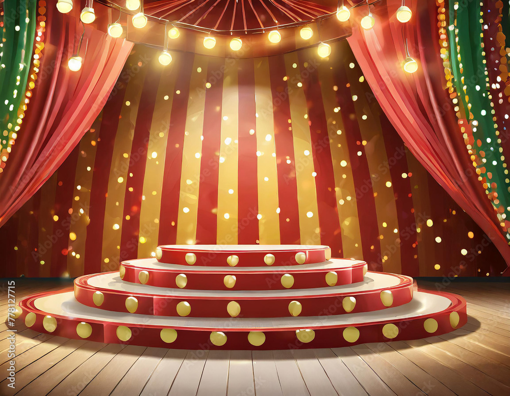 Circus stage podium background 3D carnival light red show curtain ...