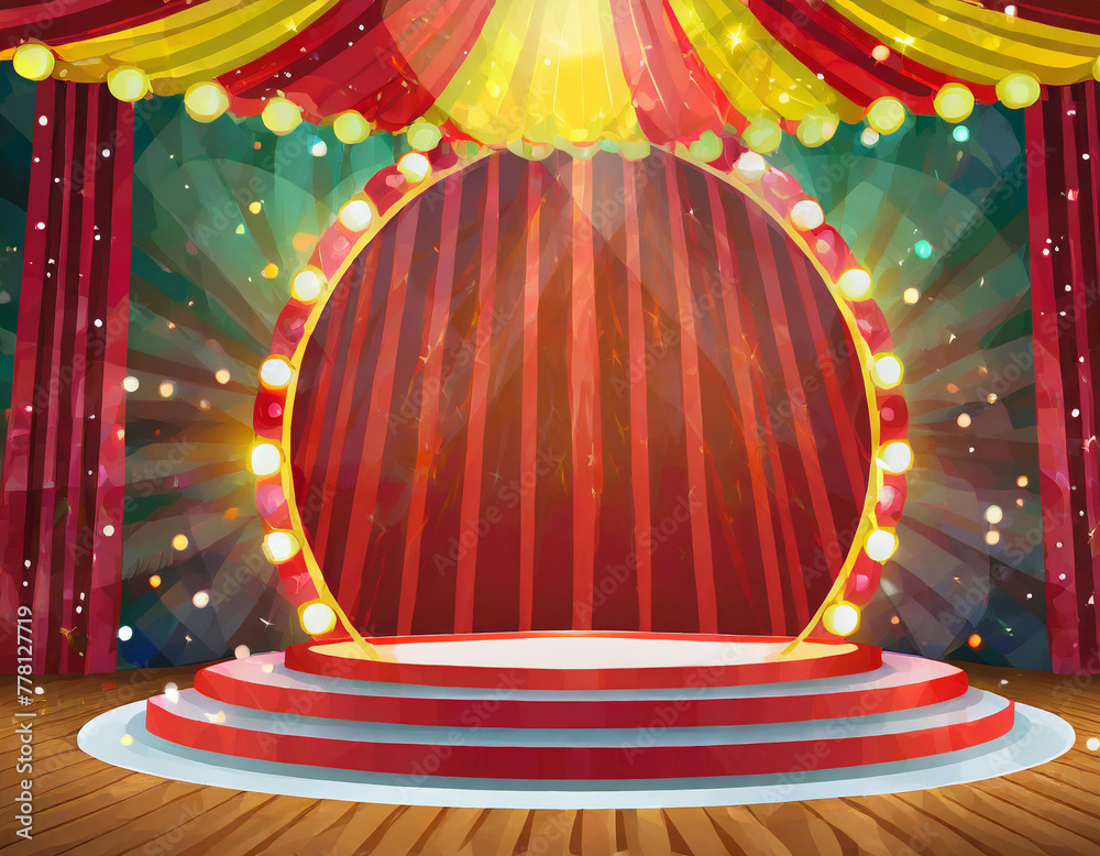 Circus stage podium background 3D carnival light red show curtain ...