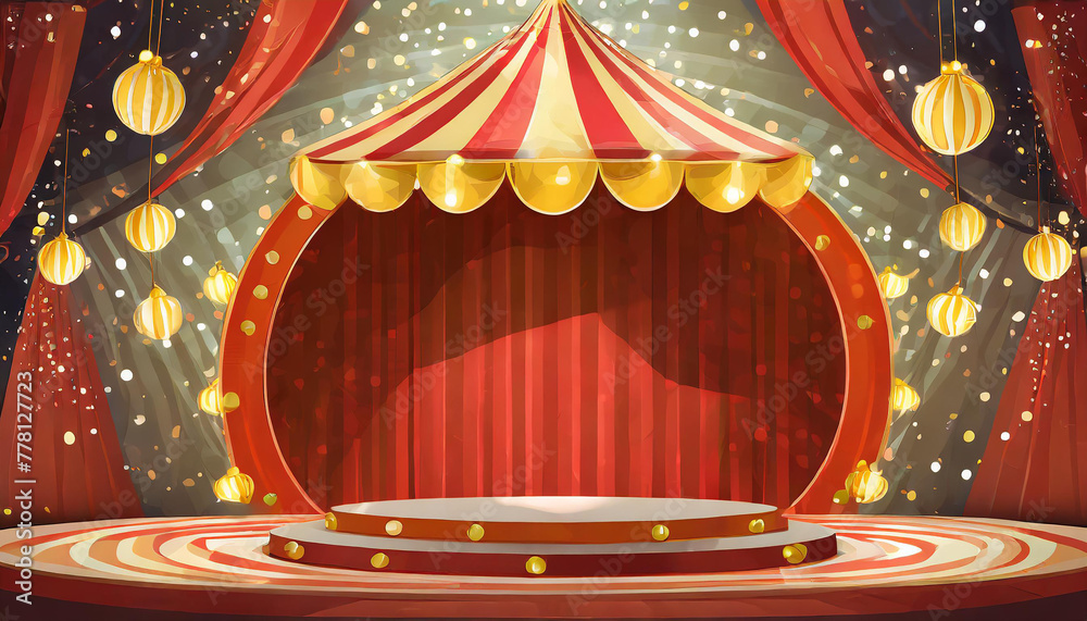 Circus stage podium background 3D carnival light red show curtain ...