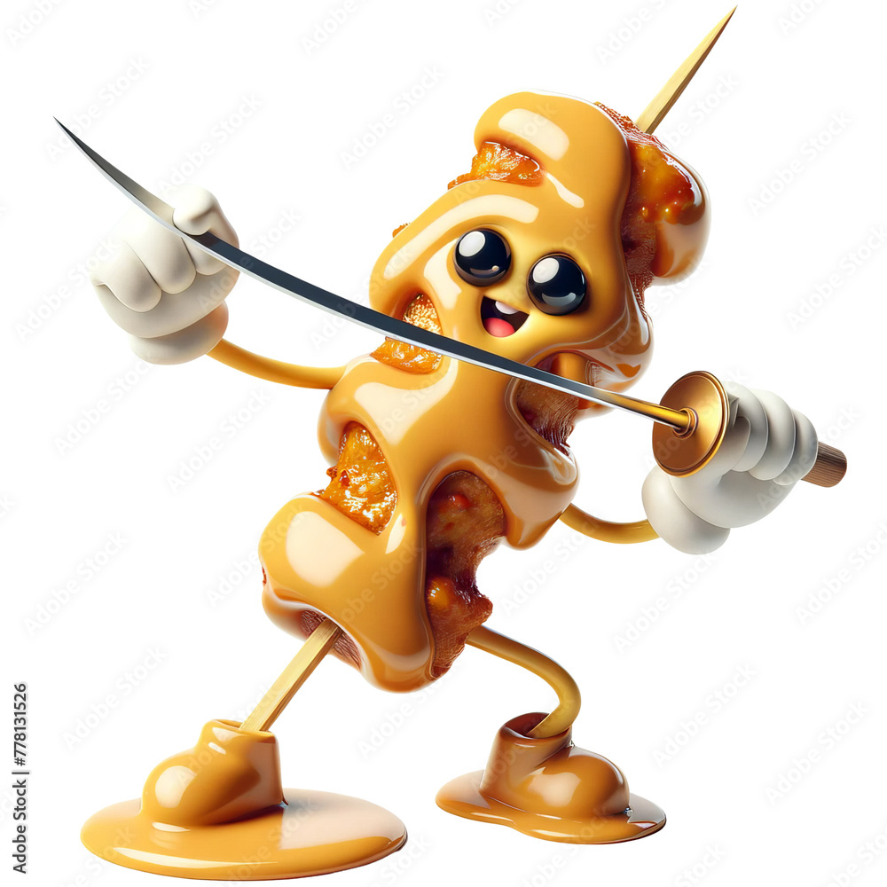 An animated waffle character exudes excitement, engaging in a fencing ...