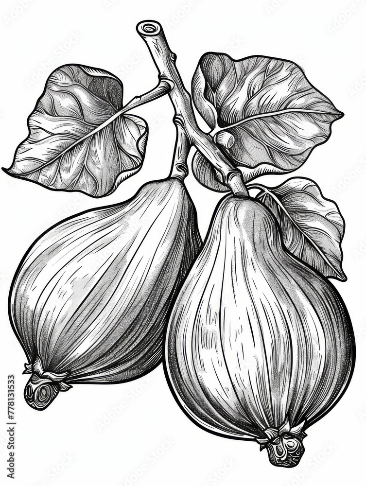 Black and white hand drawn illustration of a pair of hanging figs with ...