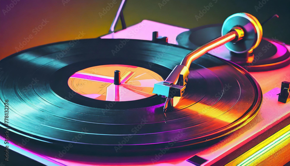 vintage turntable and vinyl record, bathed in neon light, channeling a ...