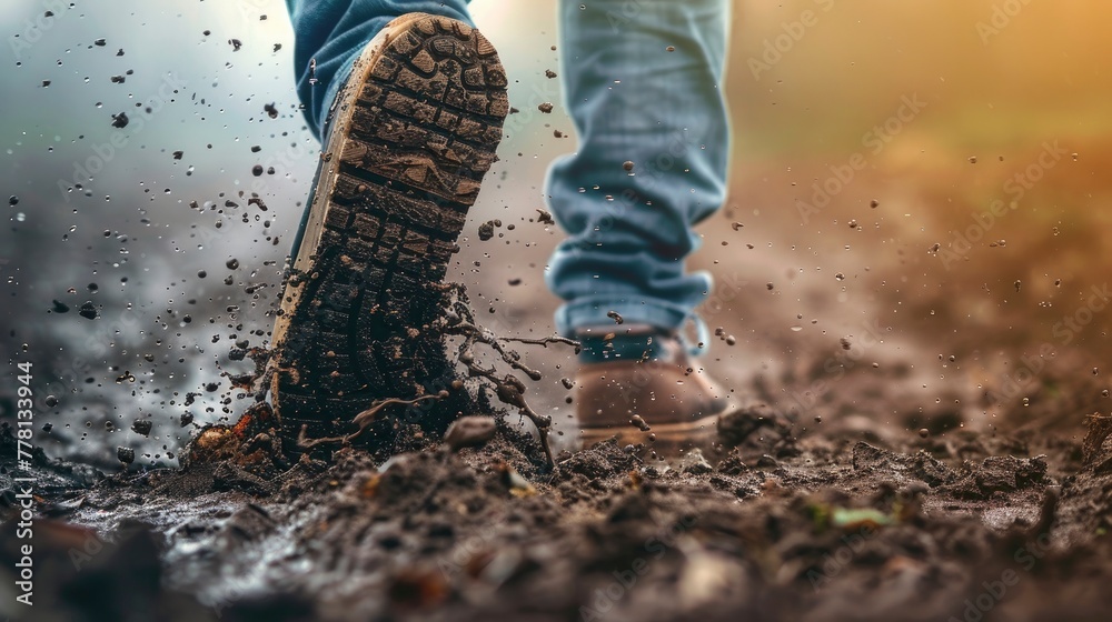 ภาพประกอบสต็อก One foot in jeans and shoes sinking into the mud with a ...