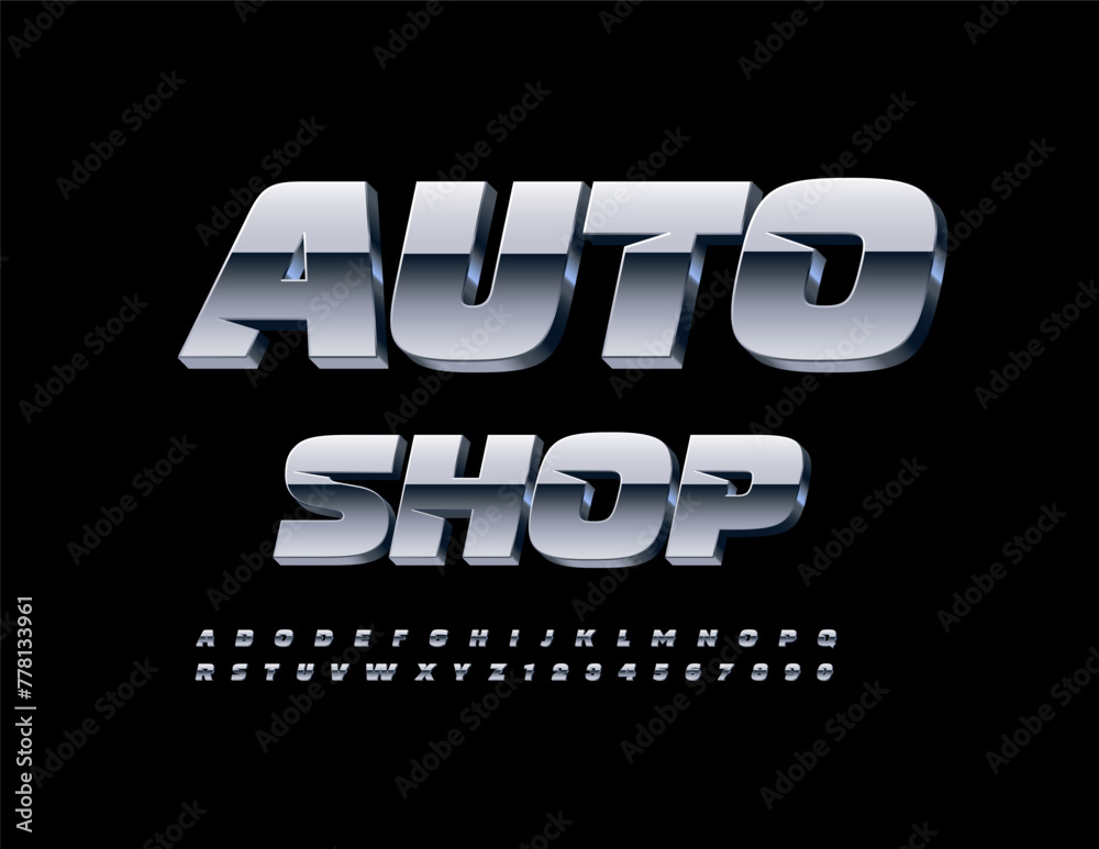 Vector silver banner Auto Shop. Cool Metallic Font. Exclusive 3D ...