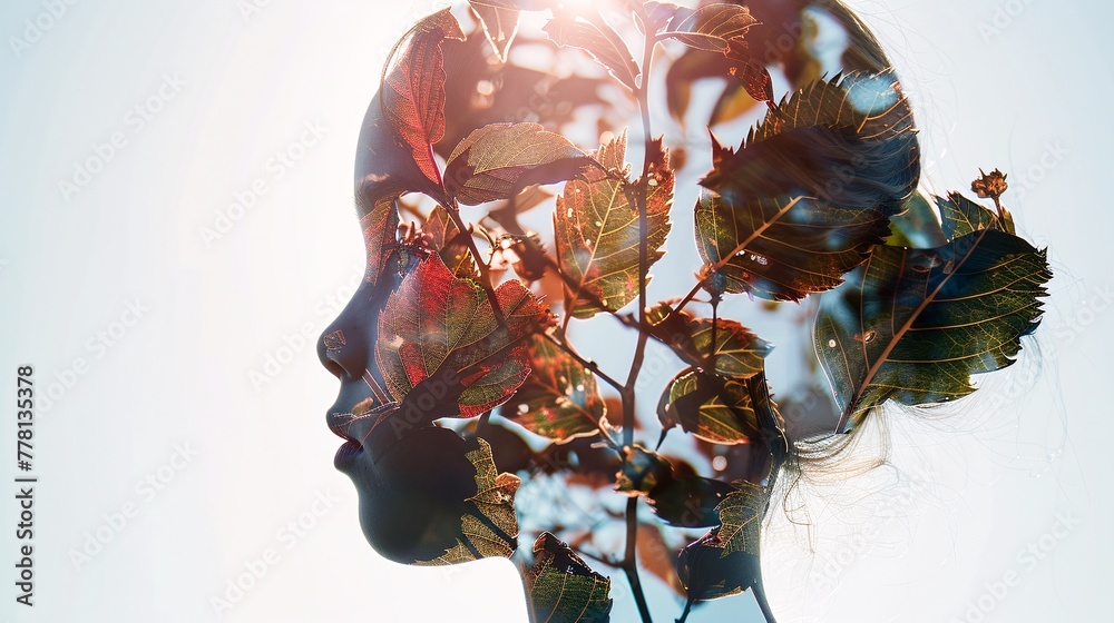 double exposure image of a child's profile on green leaves background ...