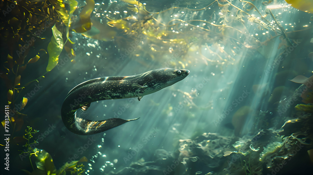 A breathtaking scene capturing the graceful movement of a Moray eel as ...