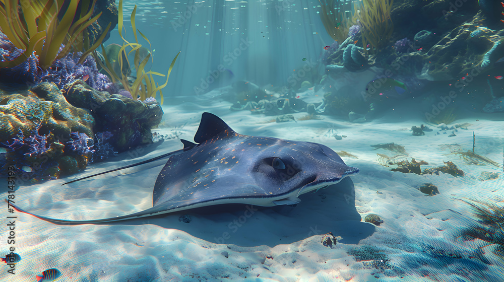 A majestic stingray peacefully resting on the ocean floor, surrounded ...