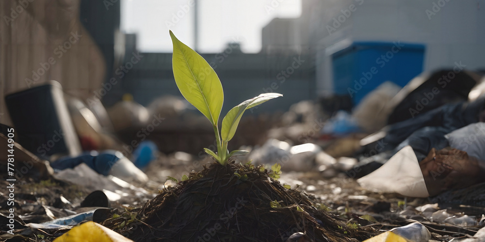 A small seedling green plant emerges from the soil, surrounded by waste ...