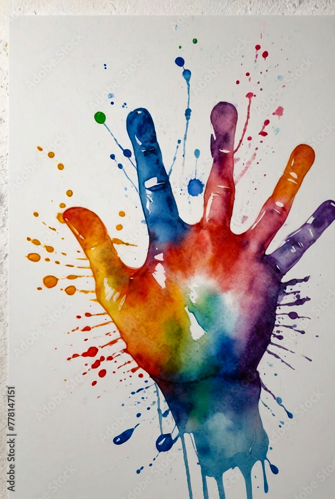 Baby handprint with watercolor on white wall background. Works of child ...