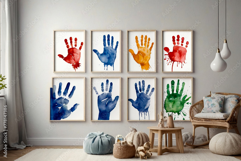 ภาพประกอบสต็อก Baby handprint with watercolor on white wall background ...
