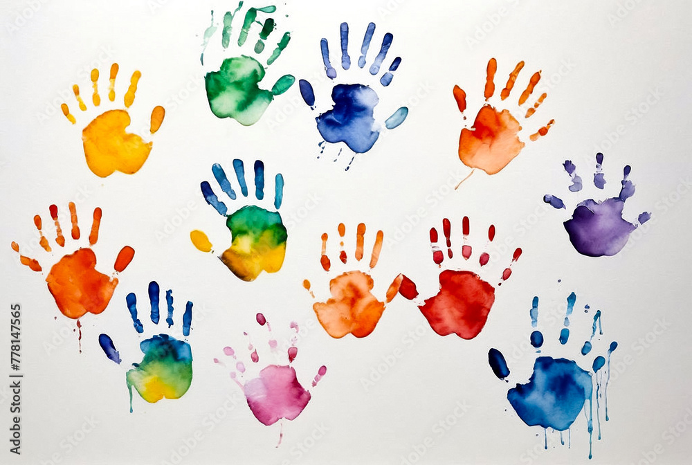 ภาพประกอบสต็อก Baby handprint with watercolor on white wall background ...