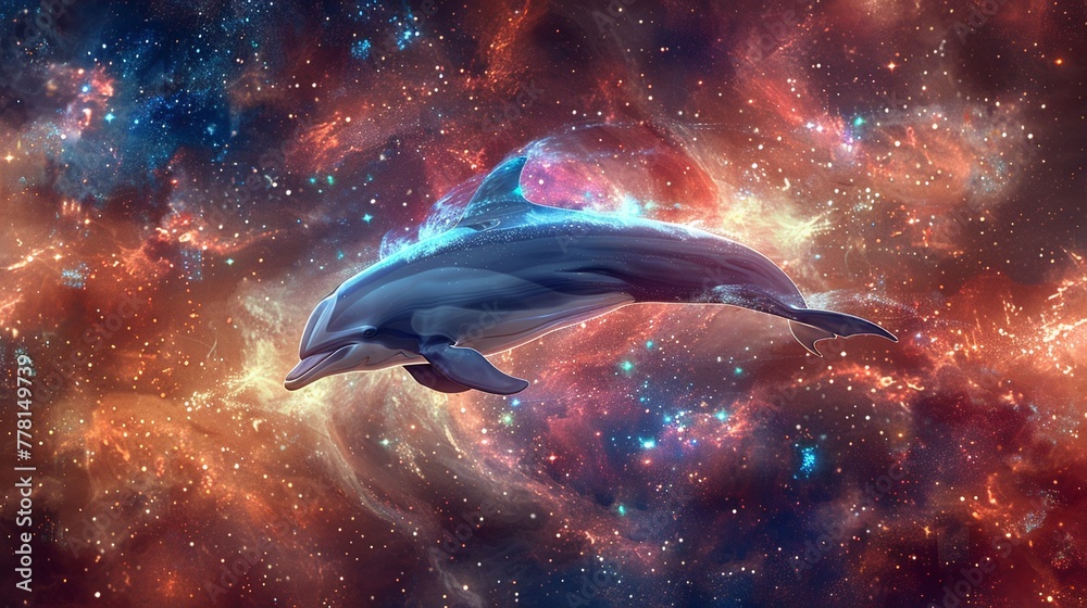A sleek dolphin leaping through a cosmic nebula, stars scattered, bold ...