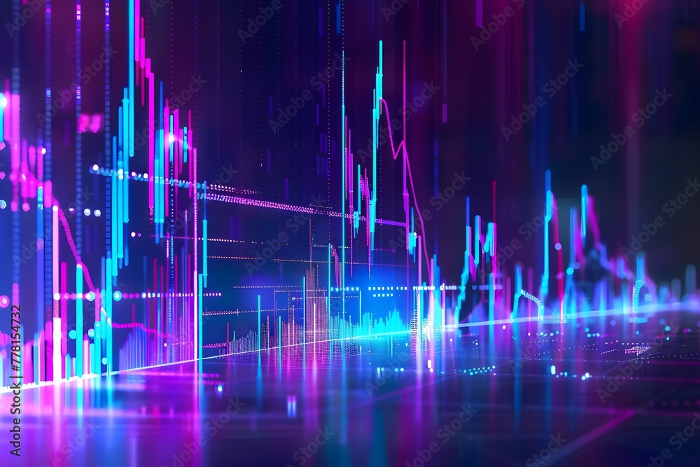 Modern Financial Tech Display，Neon Glow Bar Graph and Trading Charts on ...