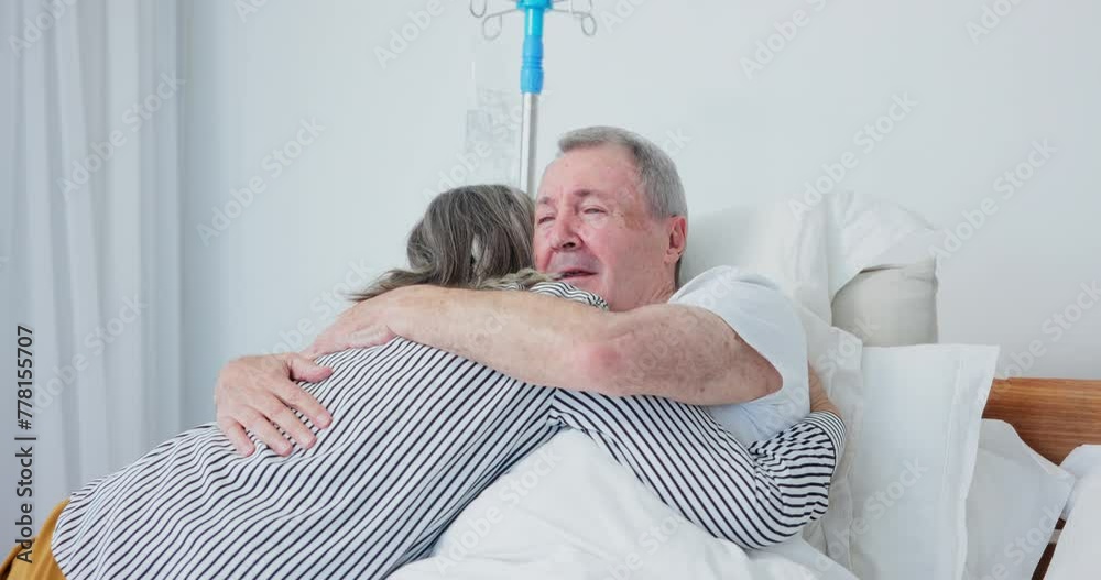 Vidéo Stock Senior couple, support and hug sick husband in hospital for ...