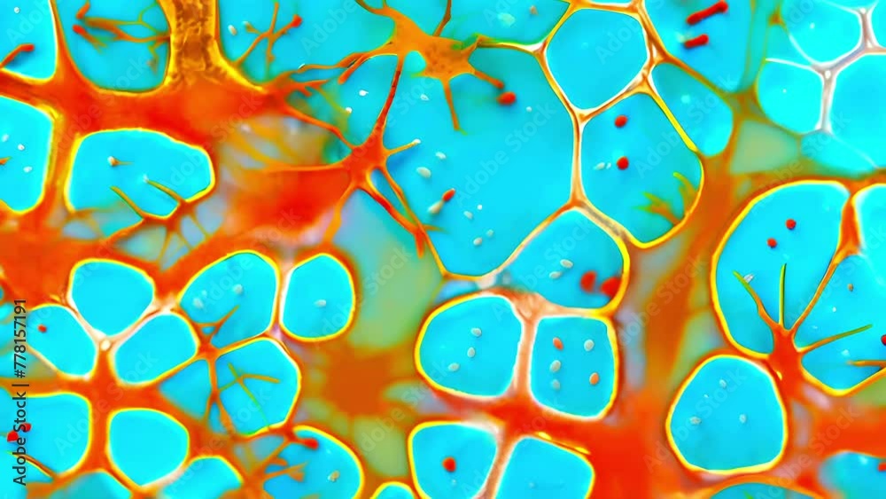 Abstract footage of vibrant microcosm of cell-like structures, where ...