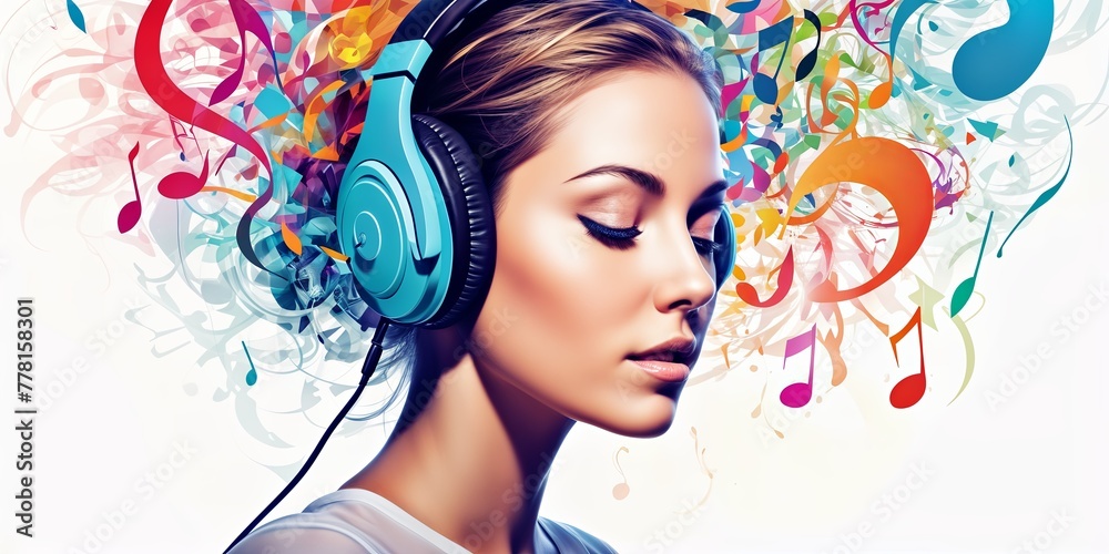 woman wearing headphones with colorful music notes flowing from her ...