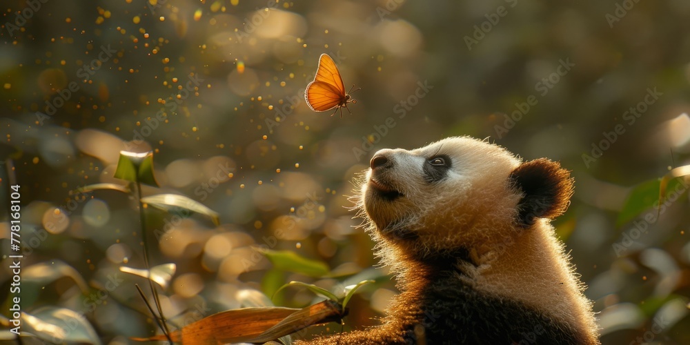 Cute panda reaches for a butterfly and a man's hand in the rays of ...