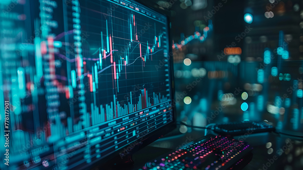 Computer monitor with stock market data on the background ,Stock market ...
