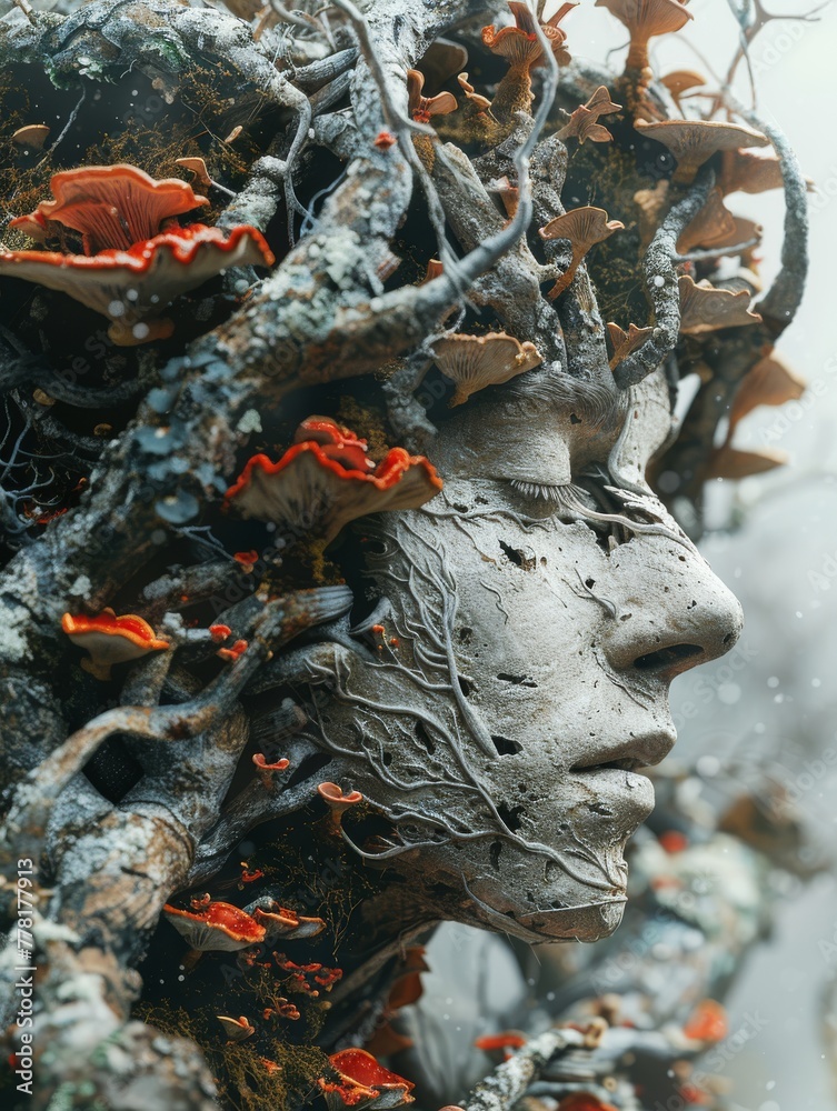Surreal illustration showcasing a human head merged with cordyceps ...