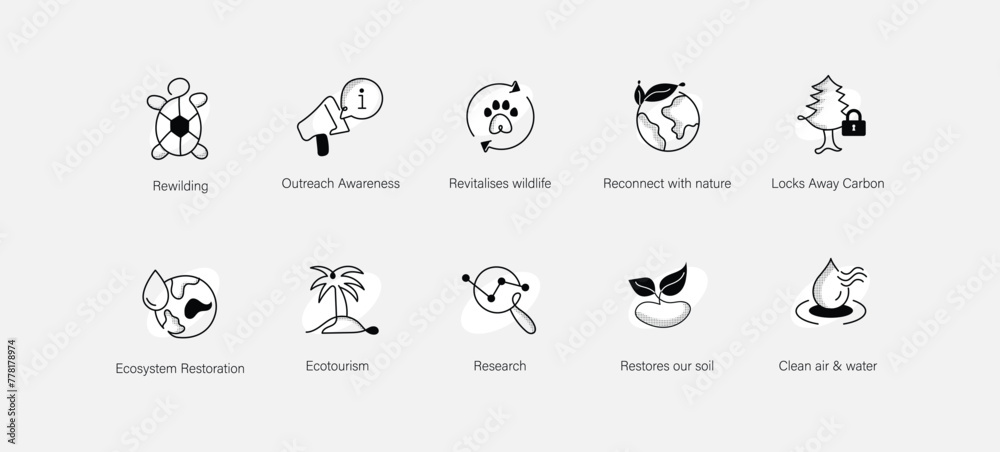 Embrace rewilding icon set, symbolizing efforts to restore biodiversity ...