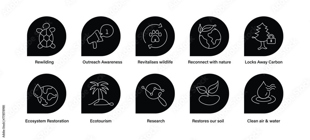 Embrace rewilding icon set, symbolizing efforts to restore biodiversity ...