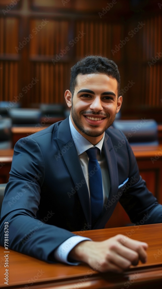 Confident young Arab man lawyer wearing a business suit with a tie in ...