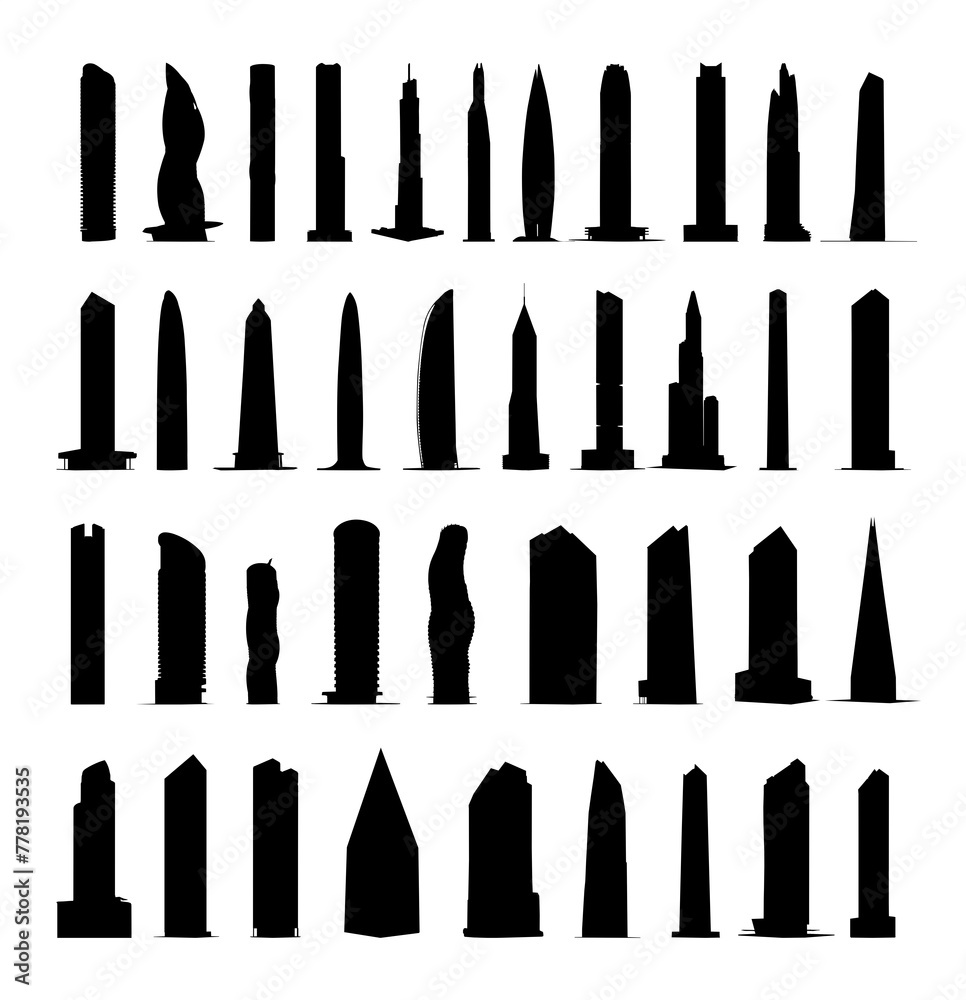 Skyscraper set. Tall, supertall, megatall skyscrapers collection ...
