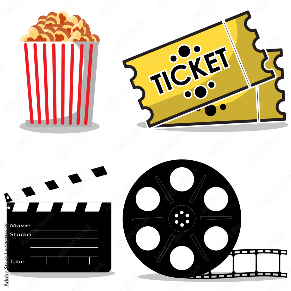 Movie related items, popcorn, ticket, clapperboard, film reel. Graphics ...