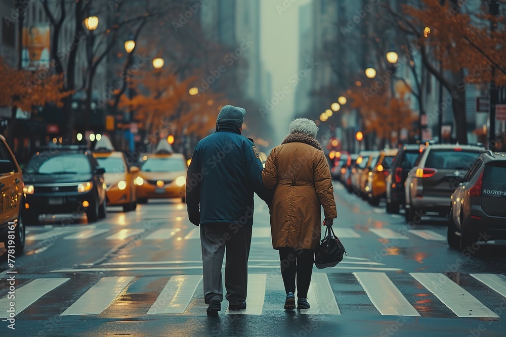A police officer helping an elderly person cross a busy intersection ...