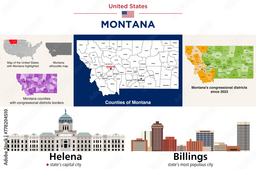 Montana counties map and congressional districts since 2023 map. Helena ...