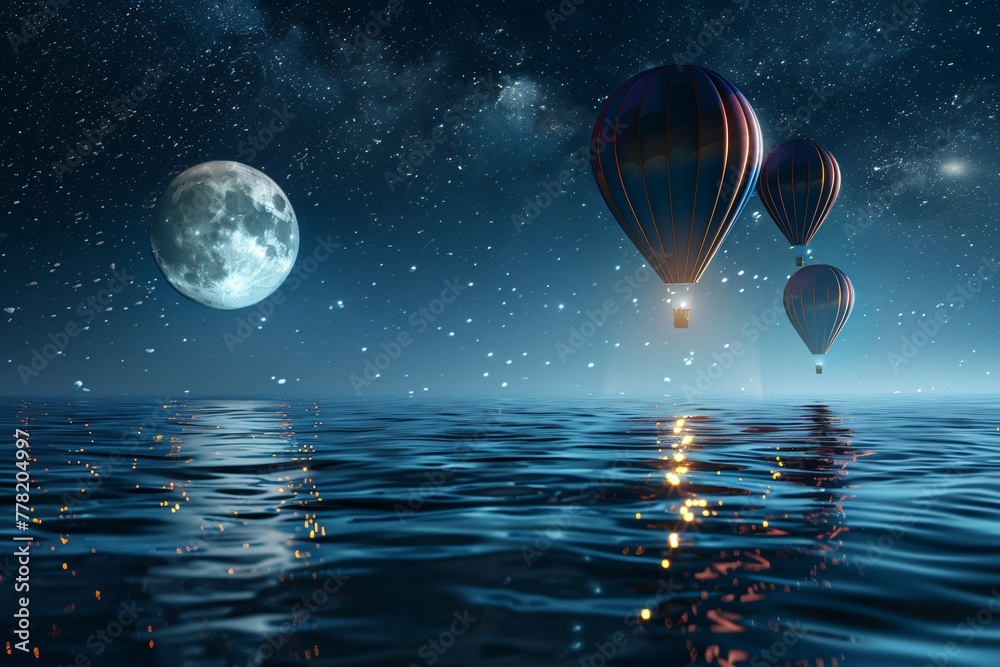 Celestial art capturing balloons as they ascend over moonlit waters ...
