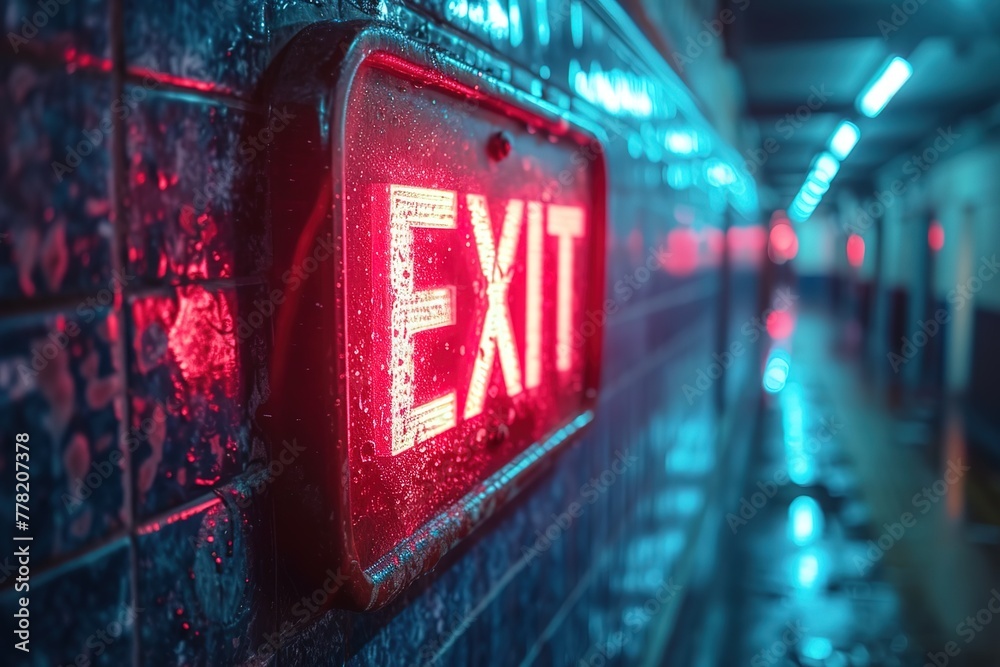 Emergency Exit Sign Image of a glowing emergency exit sign in a ...