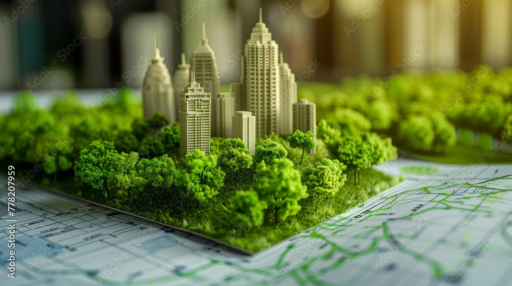Architectural model of a green city with abundant trees and sustainable ...