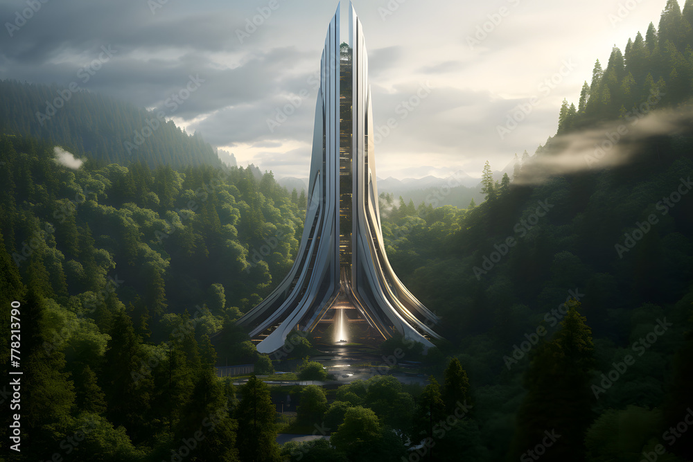 Futuristic high rise skyscraper in the woods, skyscraper, high rise ...