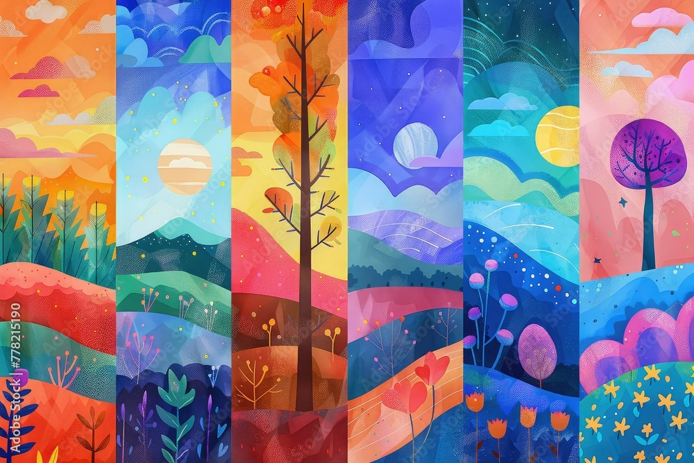 Designs side by side that represent the stages of the day. Dawn, Day ...