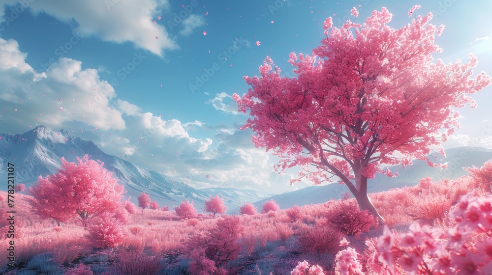 Picturesque bright spring landscape with single japanese pink sakura ...