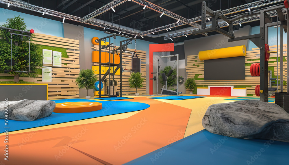 Fitness Challenge Talk Show Gym: A dynamic set designed like a fitness ...