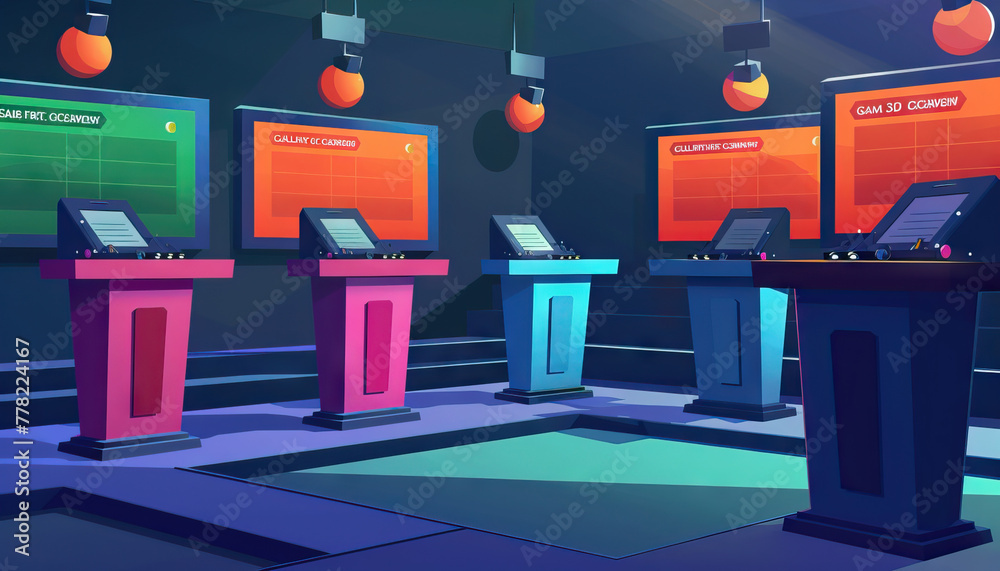 Game Show Quiz Set: A quiz show set with podiums, buzzers, and question ...