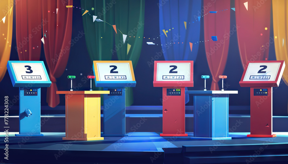 Game Show Quiz Set: A quiz show set with podiums, buzzers, and question boards for quiz game ...